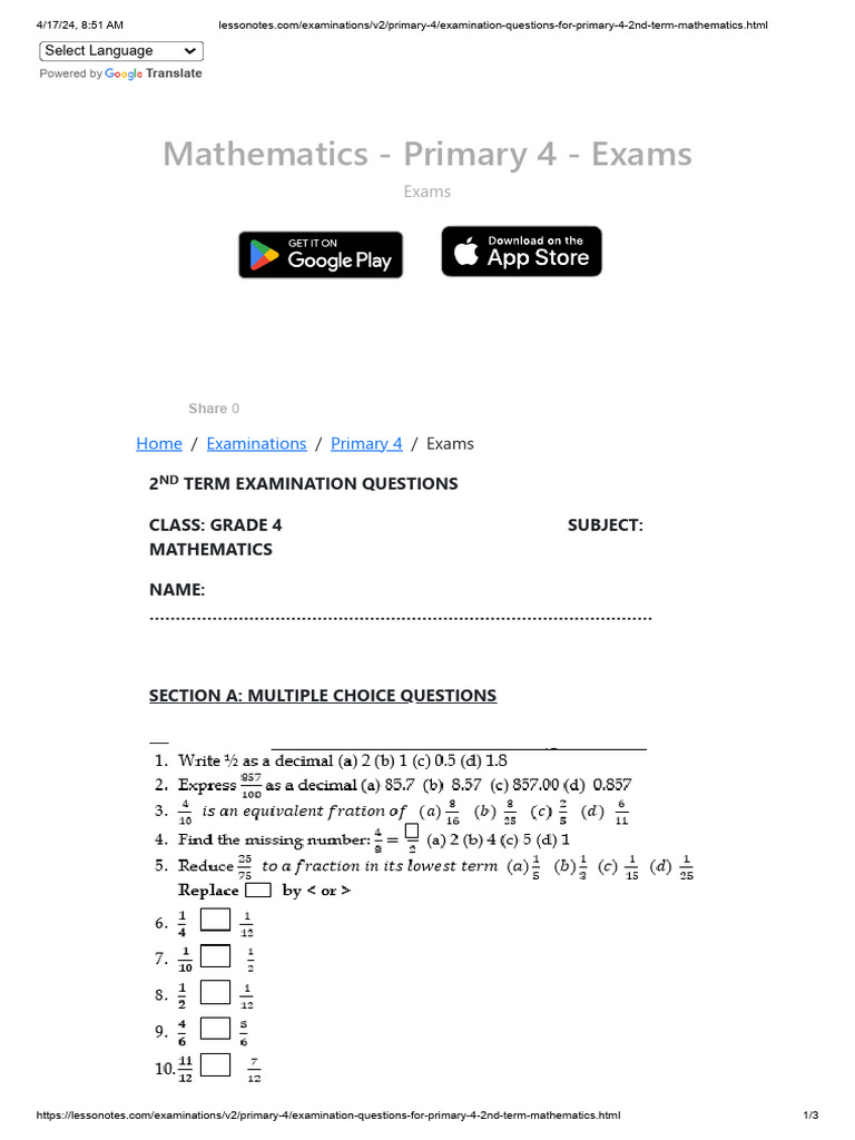 Examinations - v2 - Primary 4 - Examination Questions For Primary 4 2nd ...
