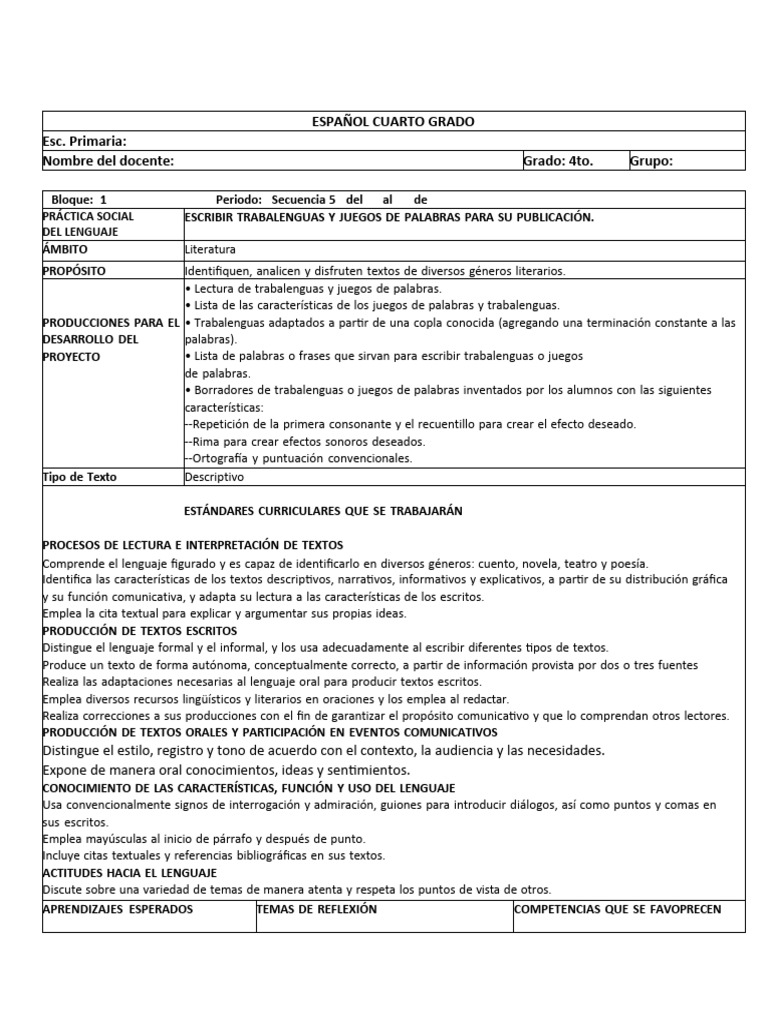 Creación de Trabalenguas para Cuarto Grado | PDF | Palabra | Aprendizaje