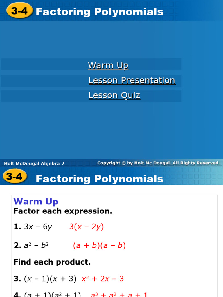 Warm Up Lesson Presentation Lesson Quiz | PDF | Factorization | Polynomial