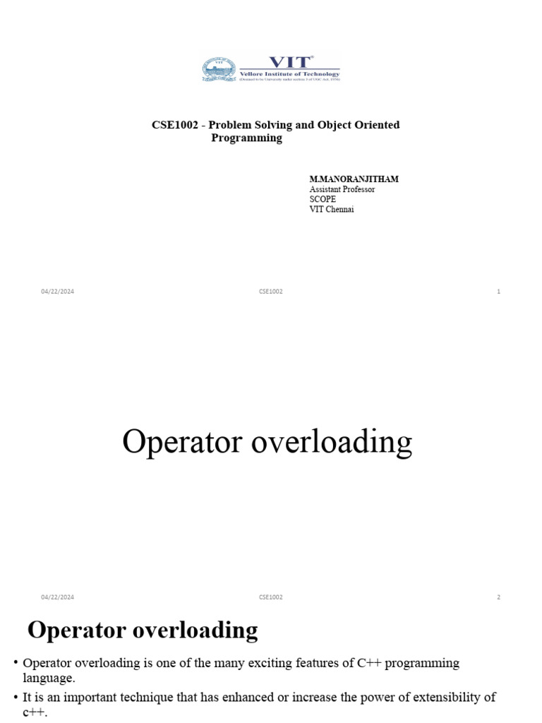 CSE1002 M6 2 Operator Overloading 20-05-23 | PDF | Pointer (Computer ...