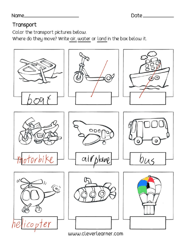 Air Water Land Transportation Worksheet for Children | PDF