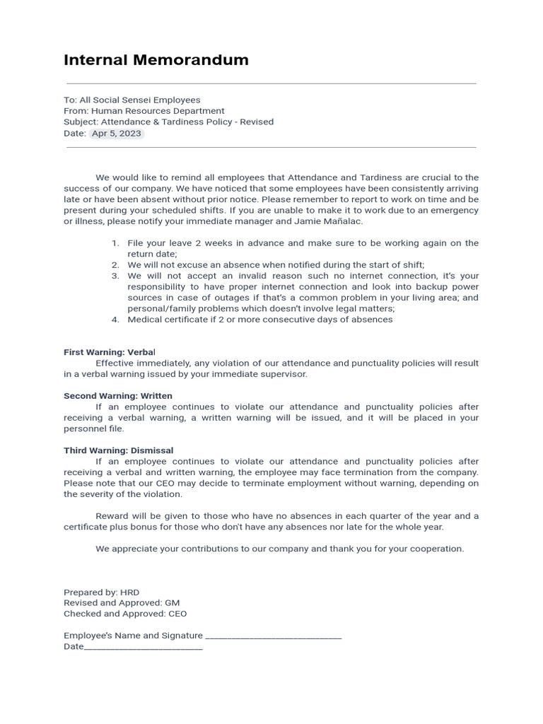 Memo For Absenteeism - Revisedv1 | PDF