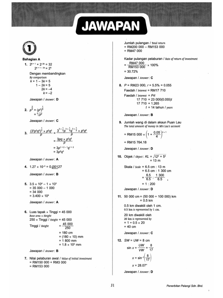 SKOR A (UASA) Tingkatan 3 Matematik (Jawapan) | PDF