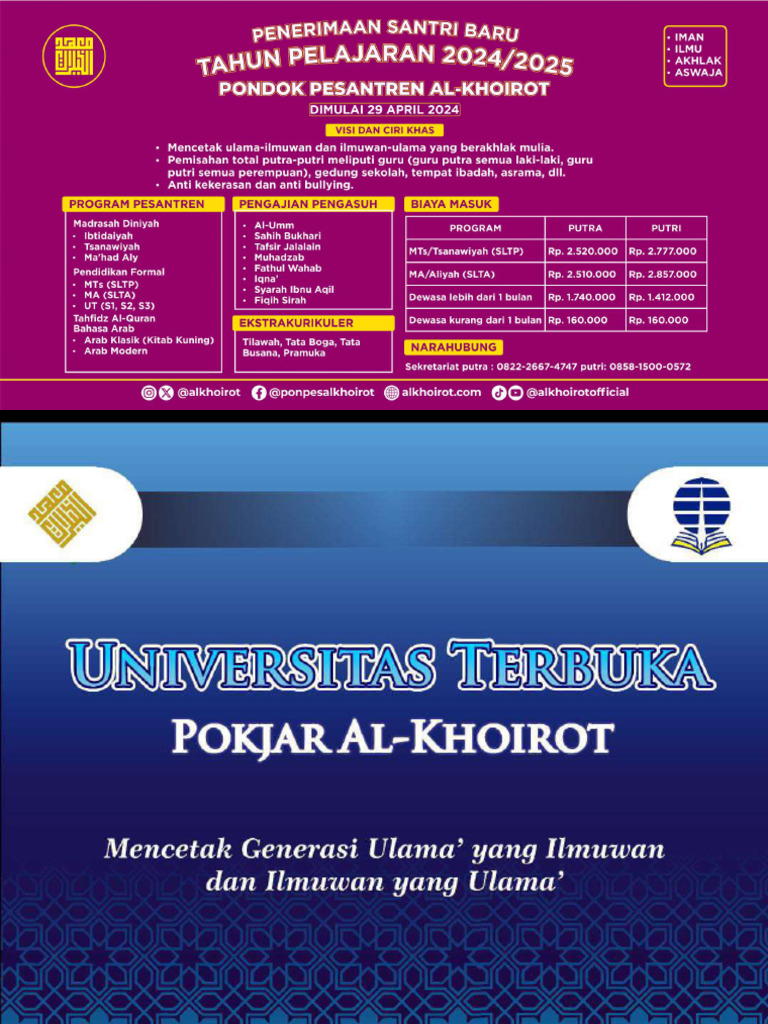 Pendaftaran Pesantren Untuk Santri Putri Al-Khoirot Tahun Ajaran 2024-2025 | PDF