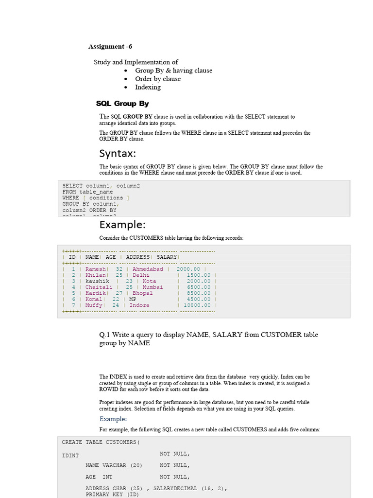 DBMS Lab 6 | PDF | Database Index | Sql