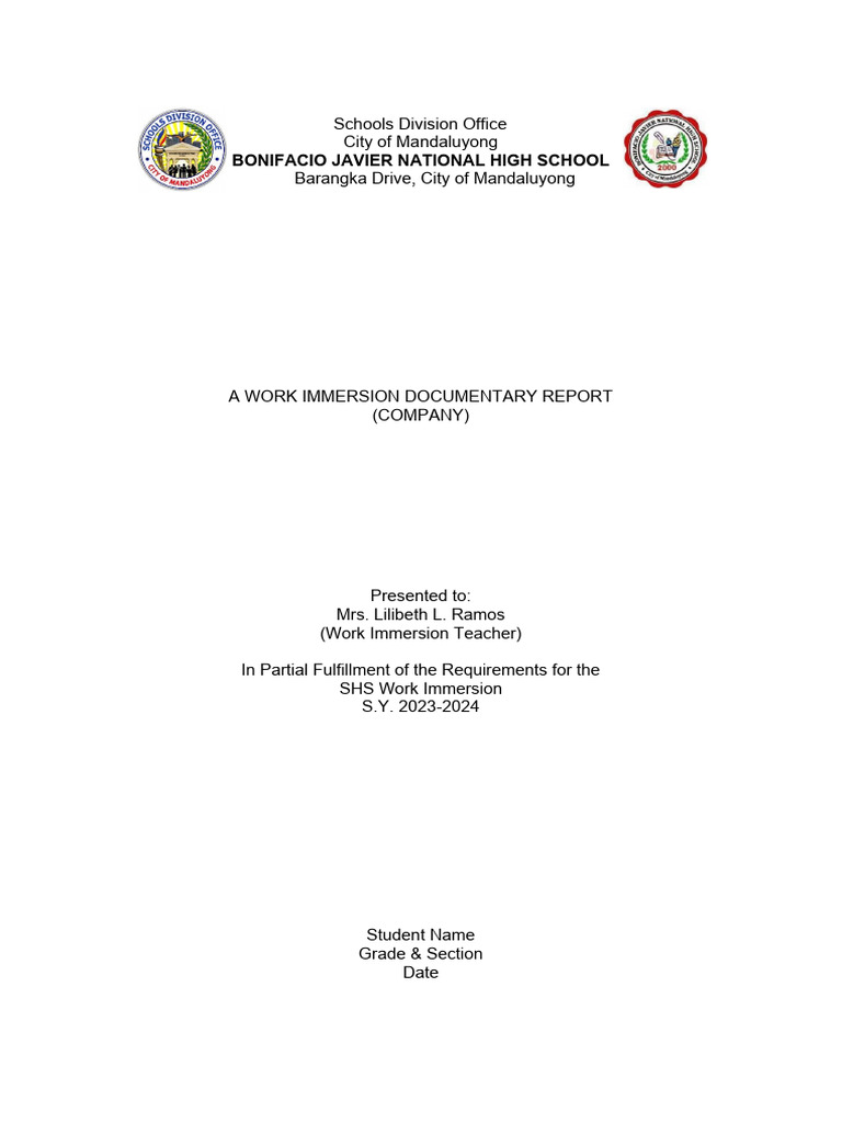 Bjnhs Work Immersion Portfolio Template For All Strand 2 | PDF ...