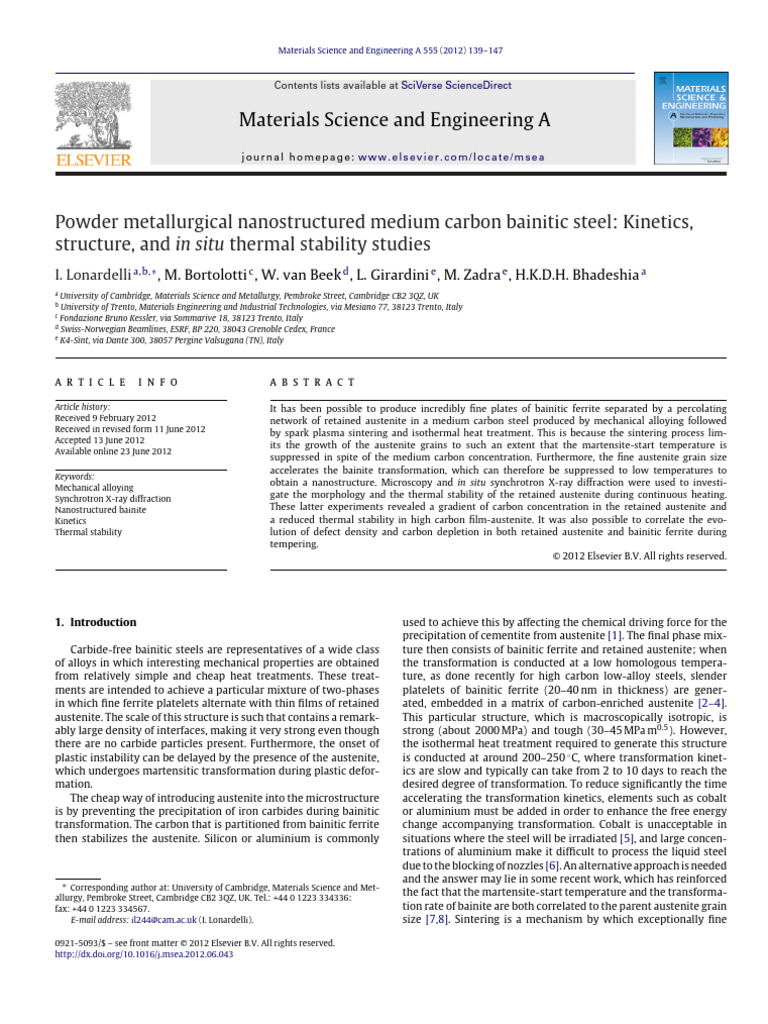 Powder Metallurgical Nanostructured Medium Carbon Bainitic Steel ...
