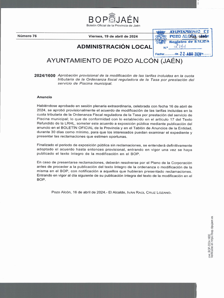 Anuncio Bop Aprobación Provisional Modificación Tarifas Ordenanza Piscina Municipal | PDF