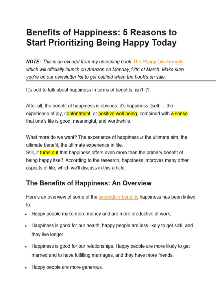 Benefits Of Happiness Pdf Happiness Anxiety