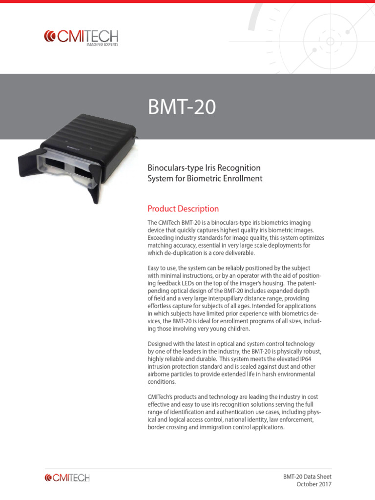 Cmitech BMT20 Datasheet | PDF | Biometrics | Light Emitting Diode