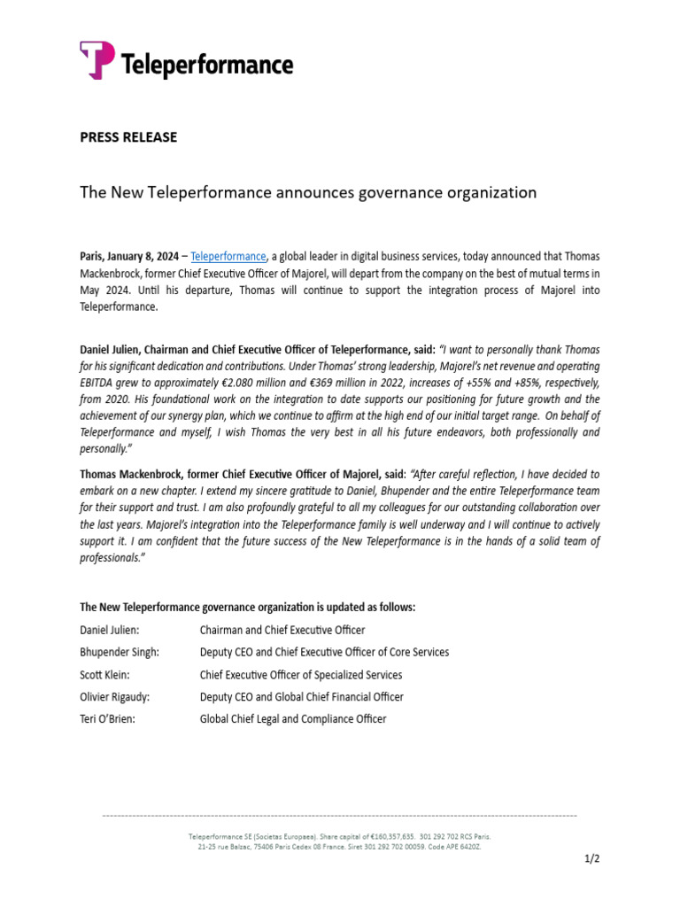 Teleperformance Press Release New Organisation Ev Def | PDF | Business ...