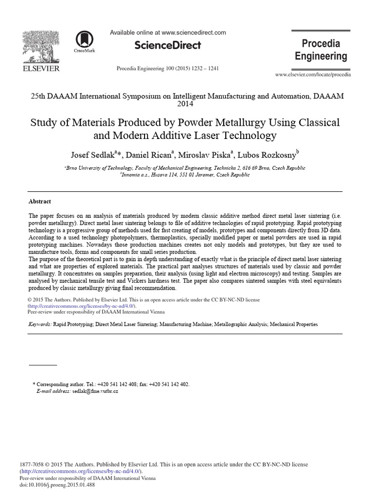 Study of Materials Produced by Powder Metallurgy Using Classical and Modern Additive Laser ...