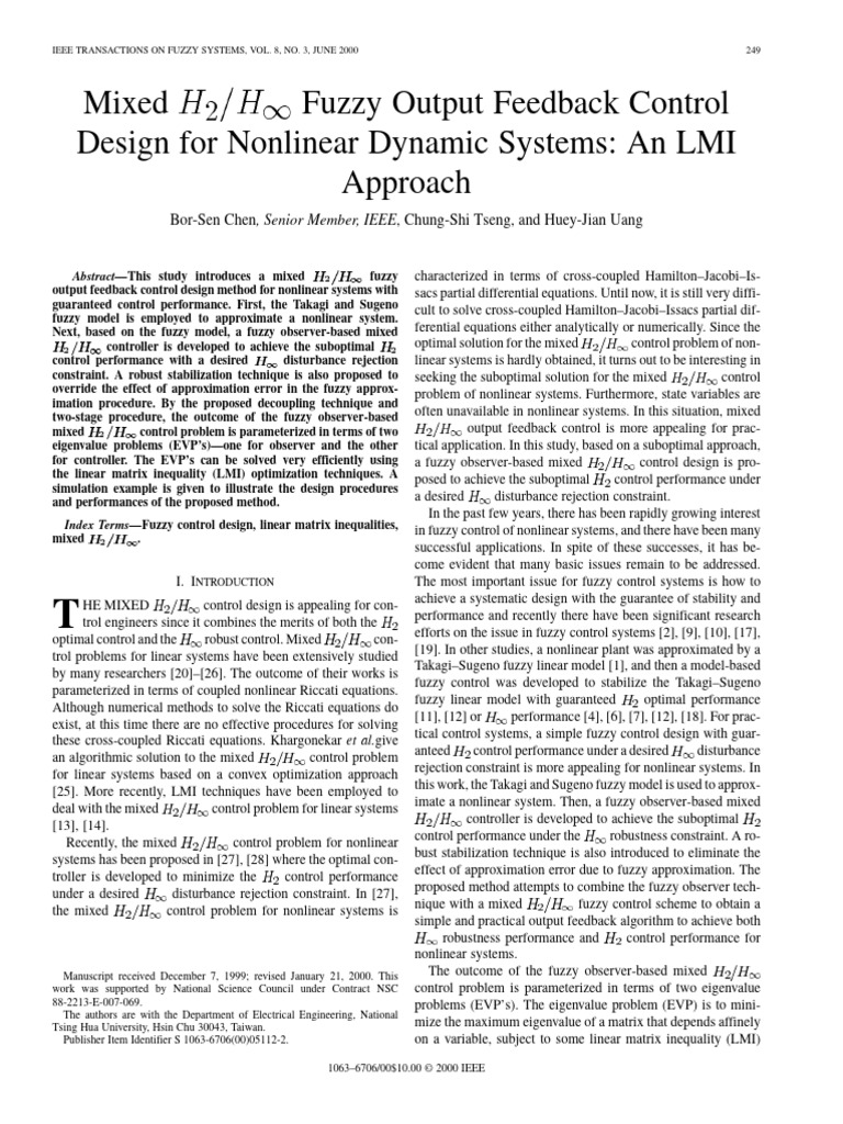 Mixed H2H Infinity Fuzzy Output Feedback Control | PDF | Control Theory | Mathematical Optimization