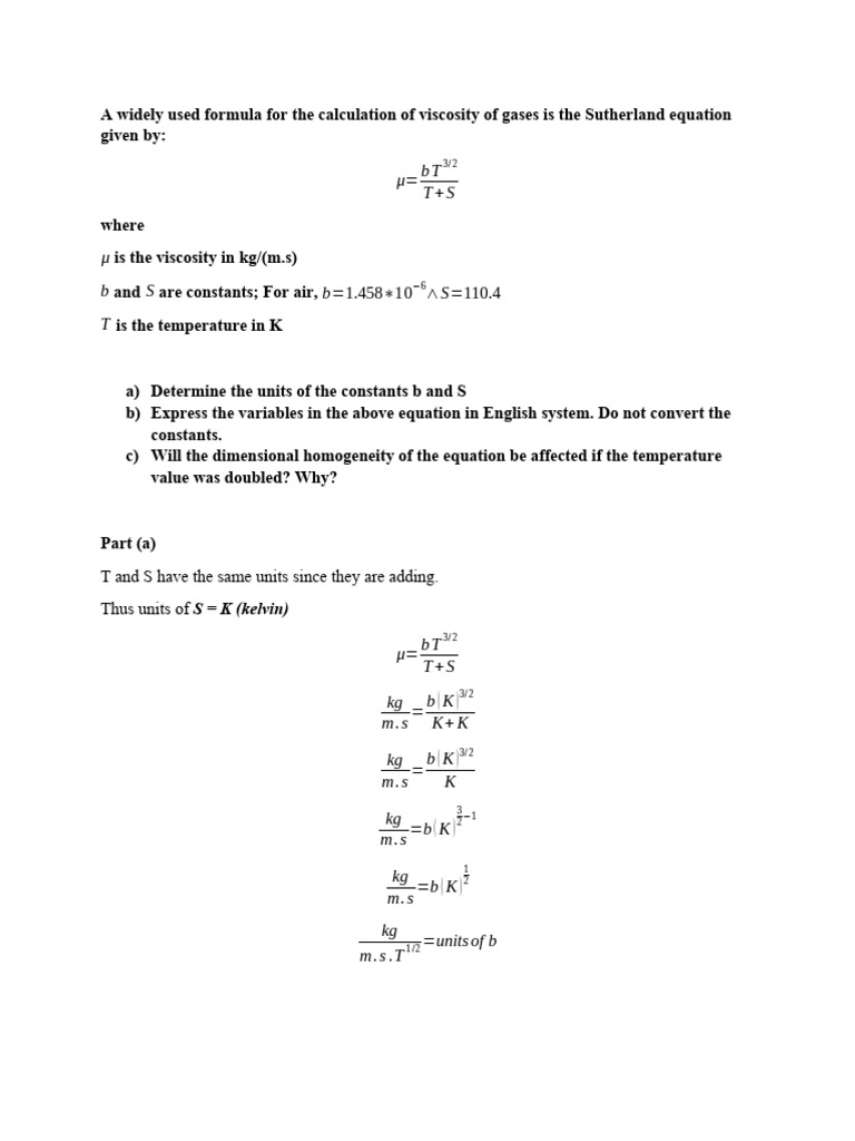 Converting The Sutherland Equation Units and Determine The Units of Its ...