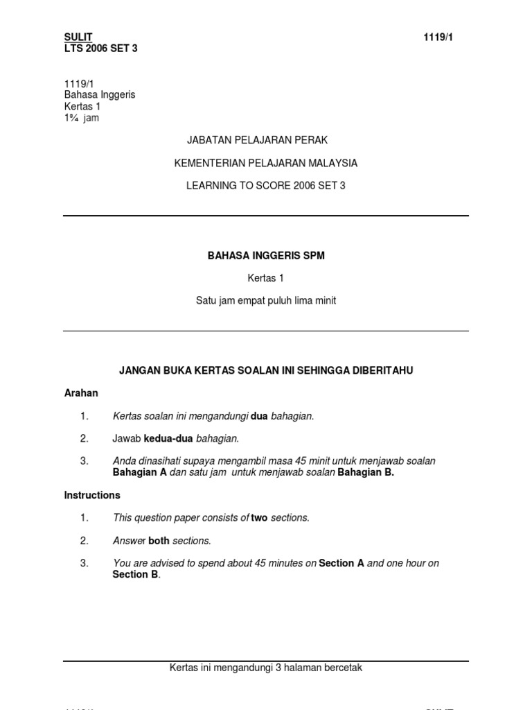 Spm Bahasa Inggeris Spm Bi Kertas 1 Set 3 Pdf