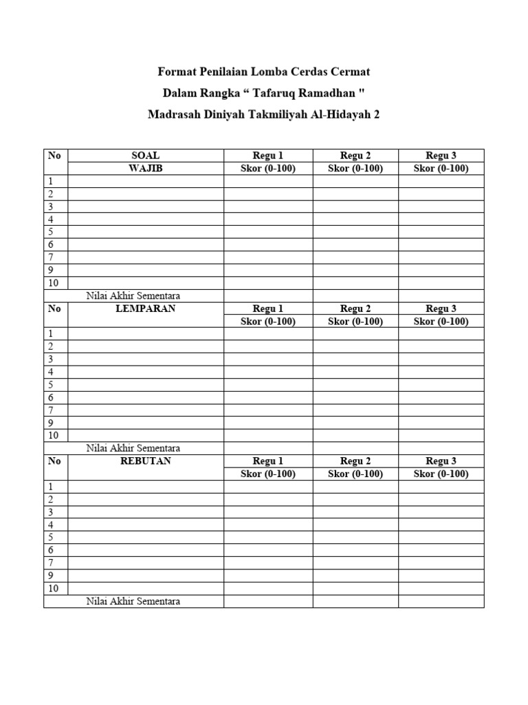 Draft Penilaian Lomba Cerdas Cermat | PDF Draft Penilaian Lomba Cerdas Cermat | PDF