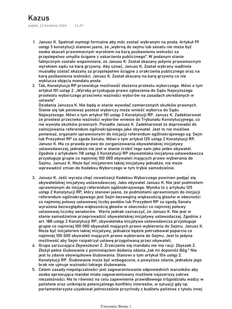 Kazus Z Prawa Konstytucynjego | PDF
