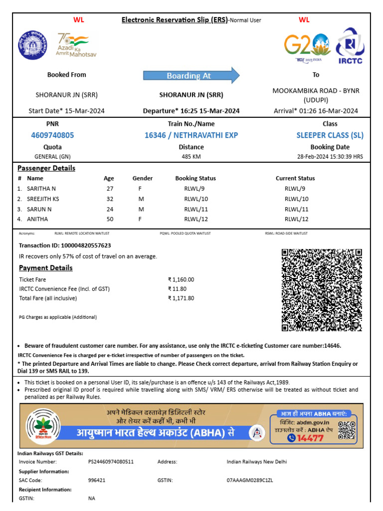 Mookambika - Train - Going Ticket | PDF | Identity Document