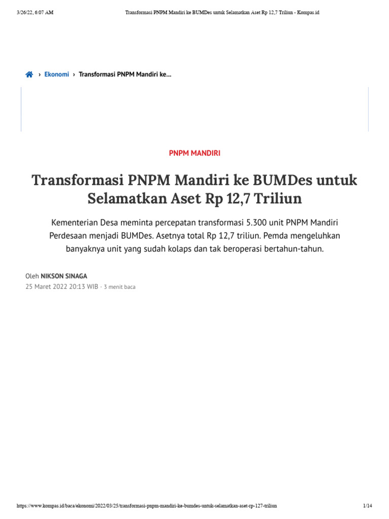 Transformasi PNPM Mandiri Ke BUMDes Untuk Selamatkan Aset RP 12,7 Triliun - Kompas - Id | PDF ...
