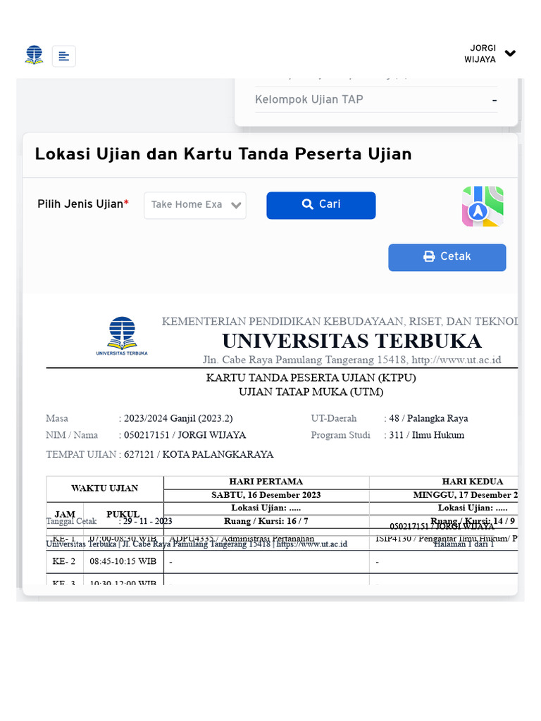 Https:/myut - Ut.ac - Id/dashboard/tugas Ujian/cetak Kartu Tanda ...