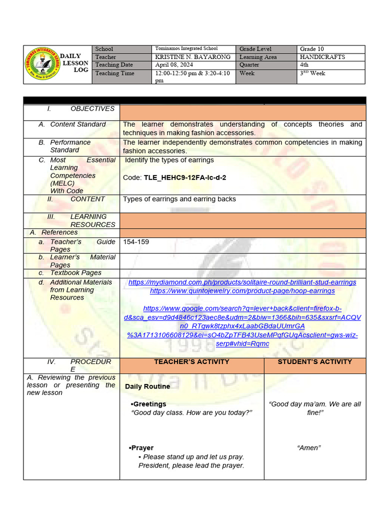 Grade 10 Handicrafts: Earring Types Lesson | PDF