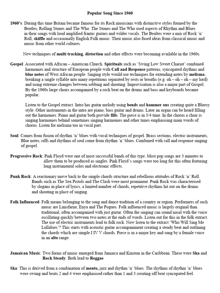 Popular Song Since 1960 Revision Booklet | PDF | Blues | Rock Music