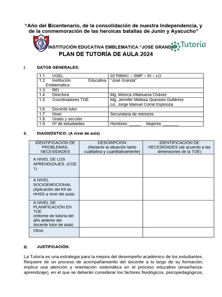 Plan Tutorial de Aula IEEJG 2024 | Descargar gratis PDF | Salón de ...