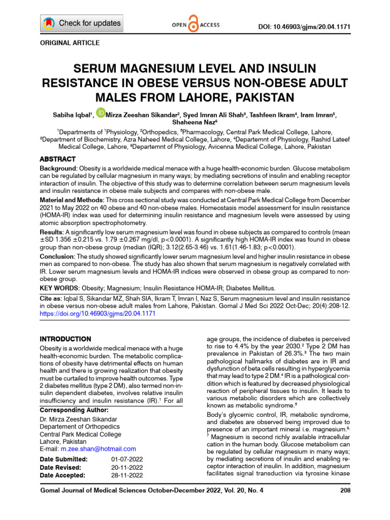 Low Magnesium & Insulin Resistance in Obese Men | PDF | Statistics ...