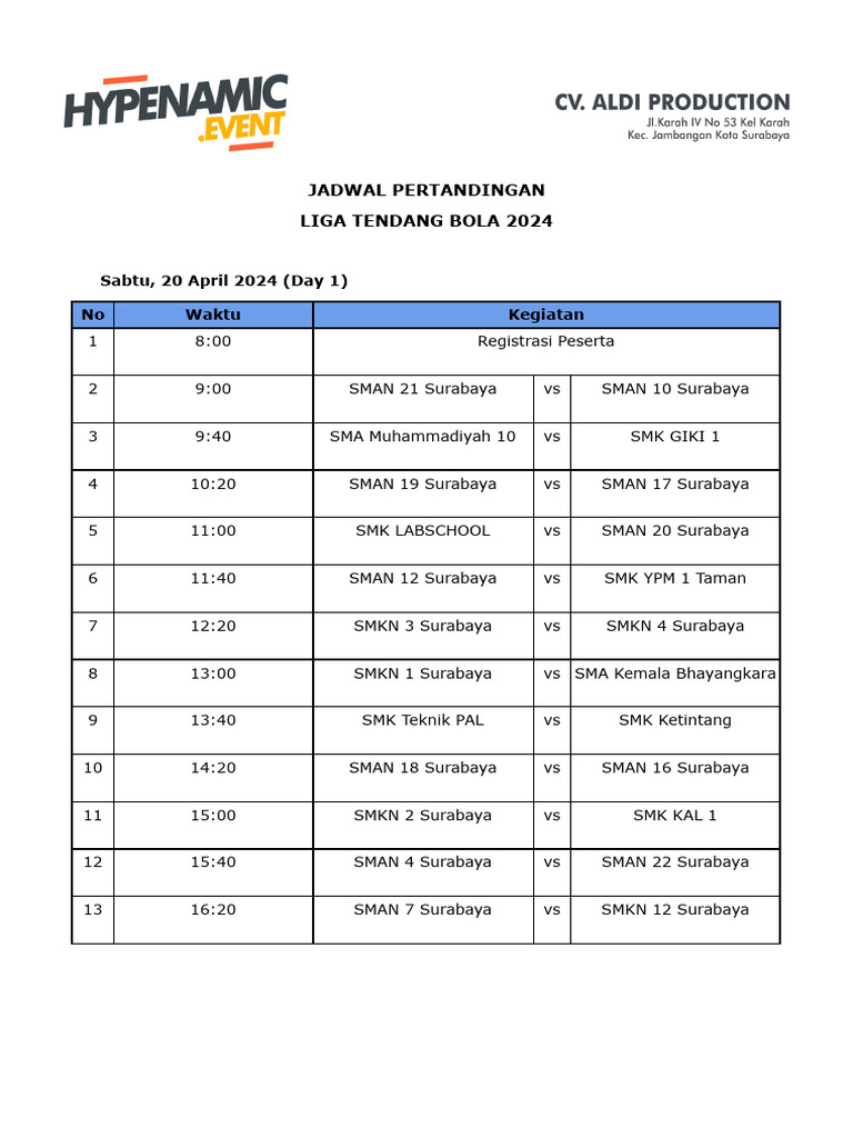 JADWAL PERTANDINGAN LTB 2024 (DAY-1) | PDF