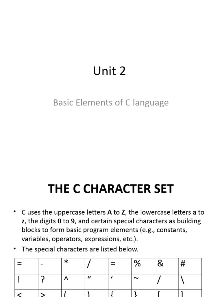 Unit 2 Basic Elements Of C Pdf Integer Computer Science Data Type 