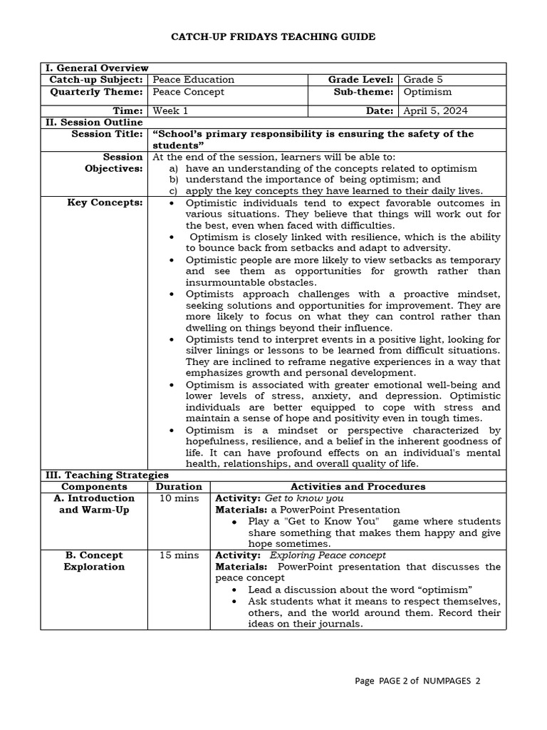 Grade-5-Peace-Ed | PDF | Optimism | Psychological Resilience
