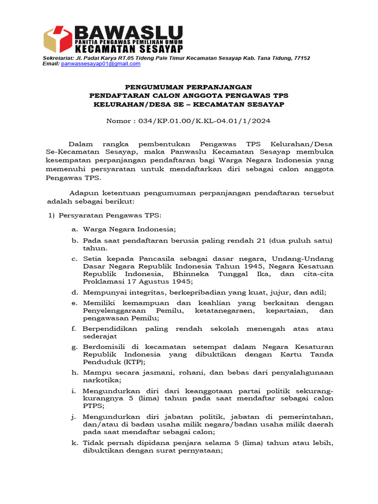 Pengumuman Perpanjangan Pendaftaran PTPS 2024 | PDF | Hukum