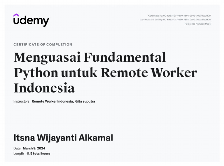 Sertifikat Udemy Python Itsna | PDF