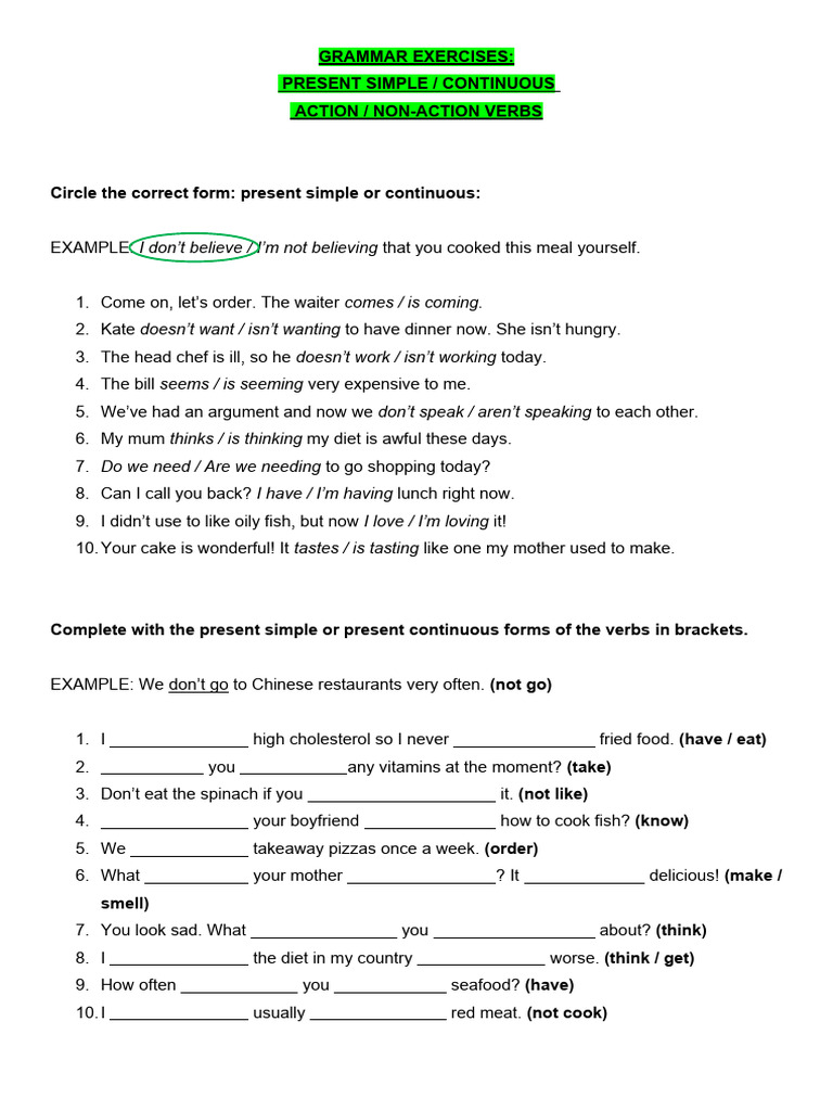 Grammar exercises_PS and PC (action verbs) | PDF