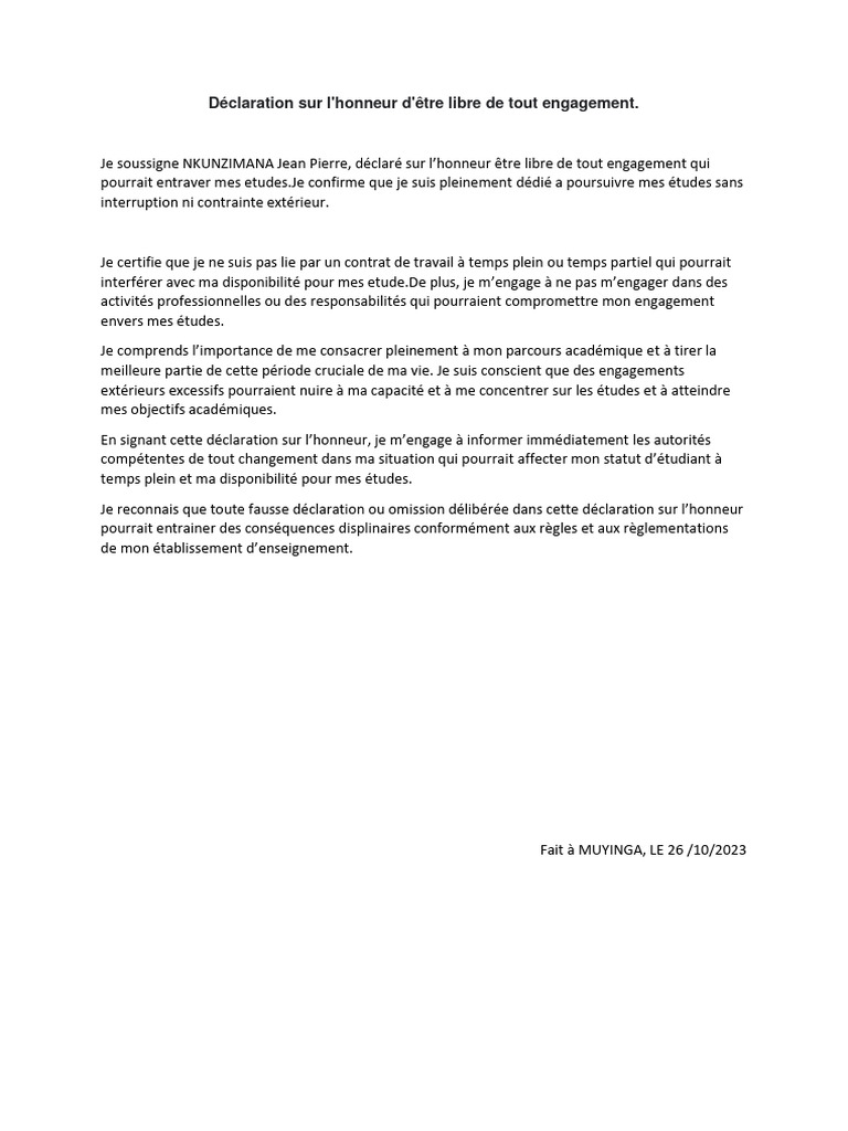 Déclaration d'engagement sur l'honneur | PDF | Bien-être | Mode de vie