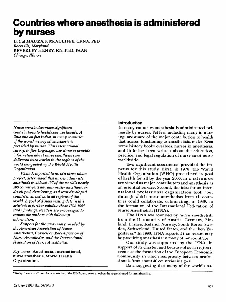 Countries Where Anesthesia Is Administered by Nurses | PDF | Nursing | Anesthesia
