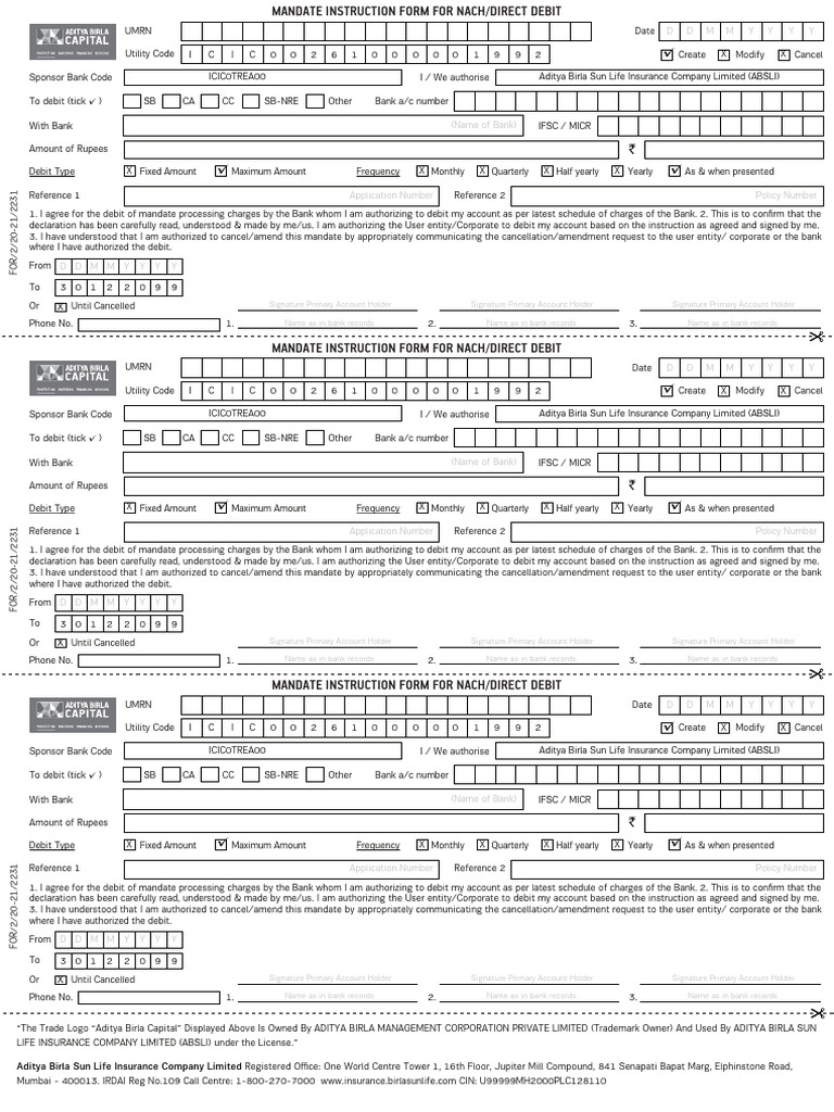 Aditya Birla Enach Form | Download Free PDF | Cheque | Payments