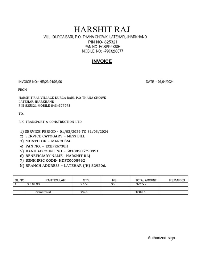 Invoice for Mess Services - March 2024 | PDF