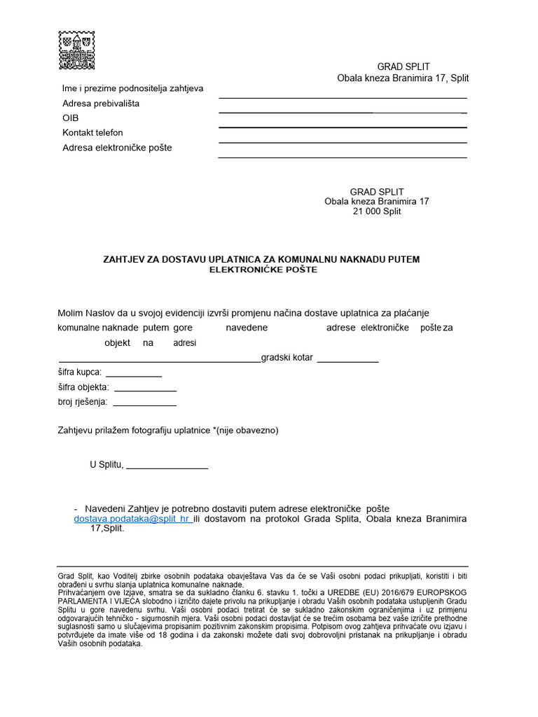 Komunalna Naknada Zahtjev Za Dostavu Uplatnica Putem Elektroničke Pošte | PDF