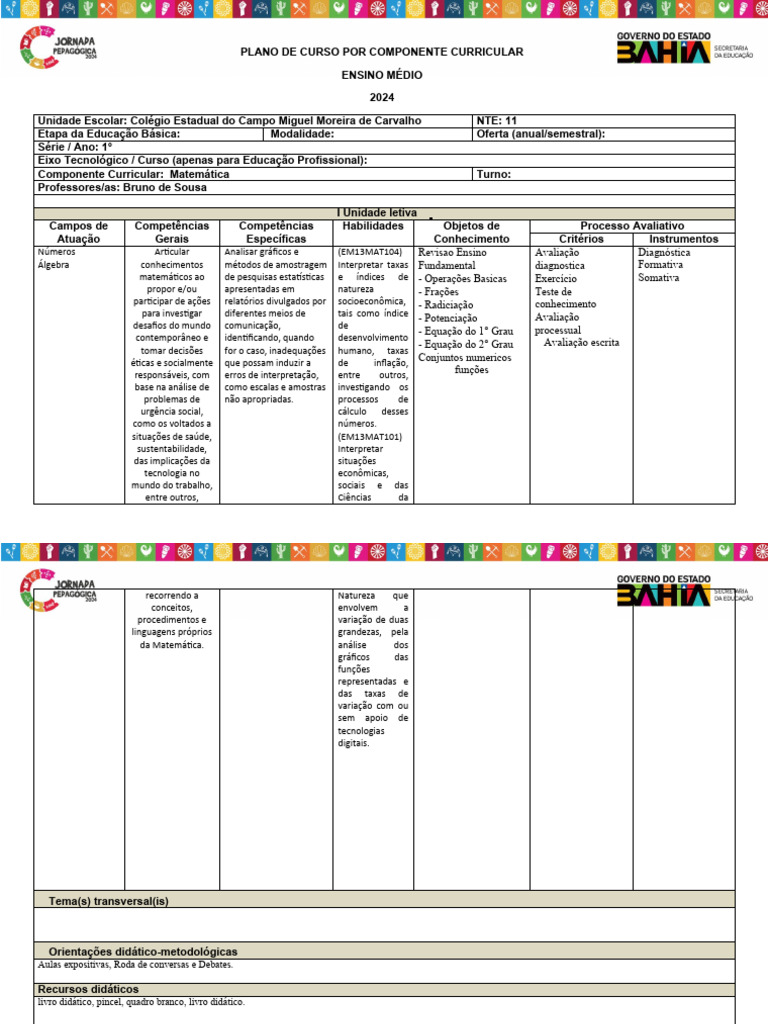 PLANO DE CURSO Matematica 1° Ano | PDF | Matemática | Geometria