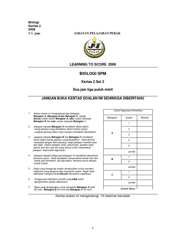 SPM Biologi Bio k2 Set 3 | PDF