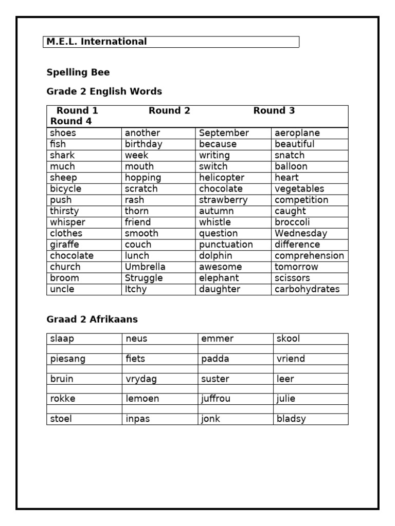 Grade 2 Spelling Bee Words | PDF