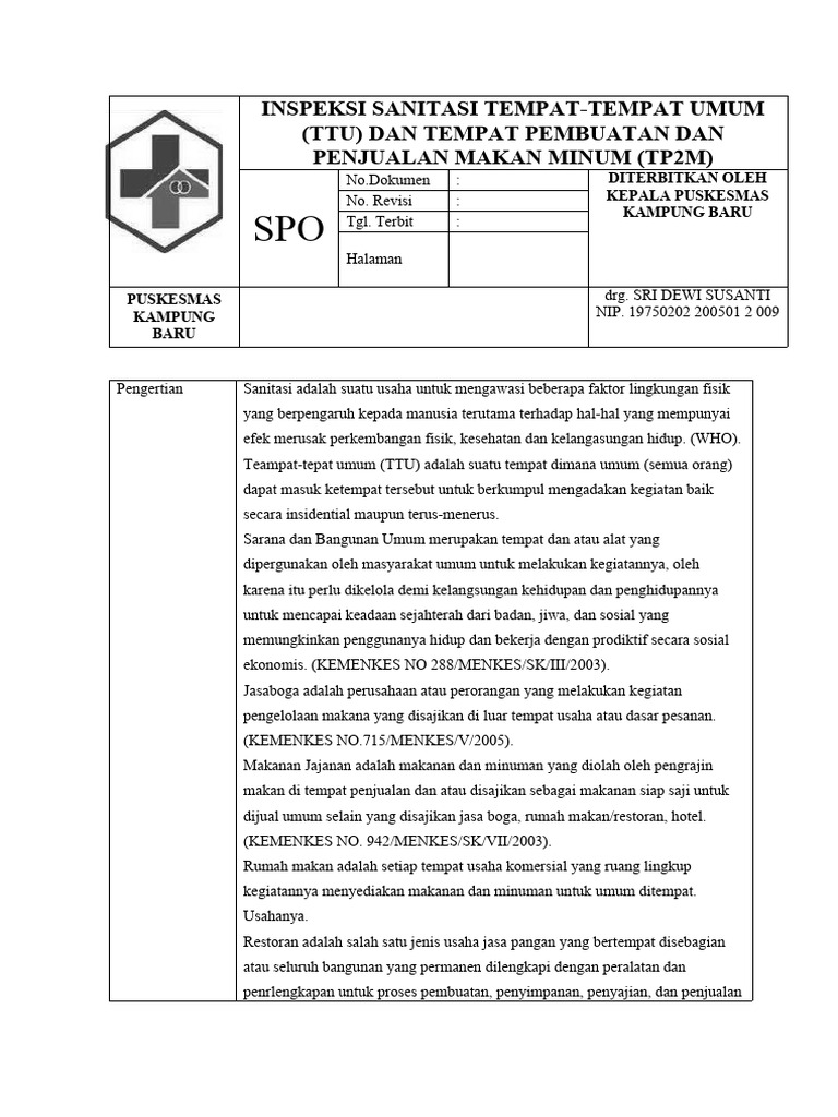 Sop Inspeksi Sanitasi Ttu Dan TP2M | PDF