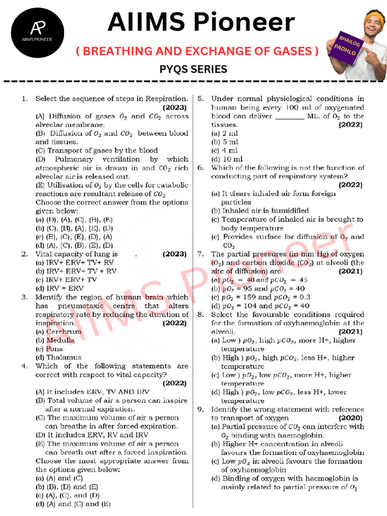 Breathing and Exchange Pyqs | PDF