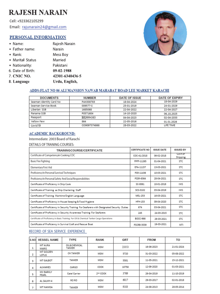 Rajesh Narain Seaman CV-2 | PDF | Sailor | Freight Transport