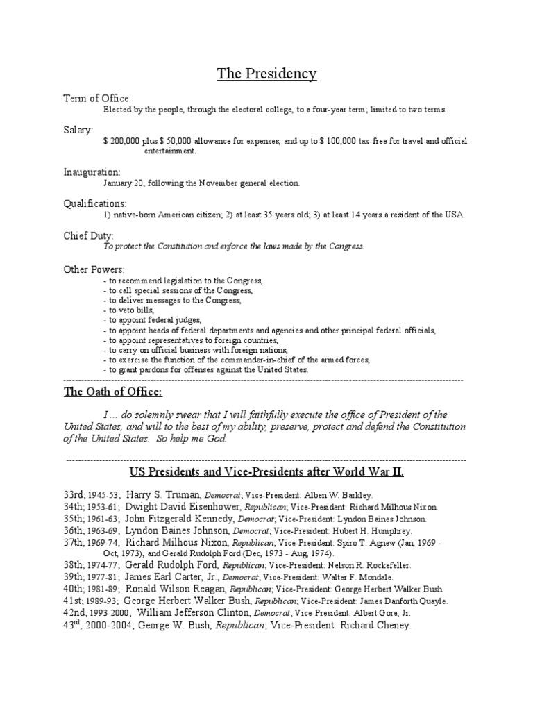 Handout Us Presidency | PDF