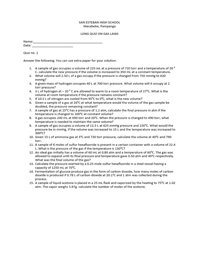Gas Laws Long Quiz | PDF | Gases | Pressure