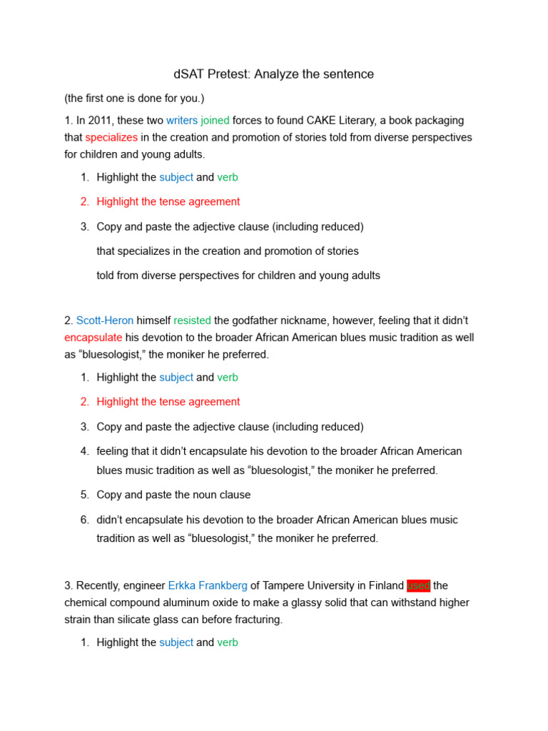 Analyze The Sentence - dSAT Pretest | Download Free PDF | Verb ...