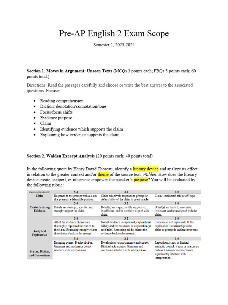 Pre-AP English 2 S1 Final Exam Scope 2023-2024 | PDF