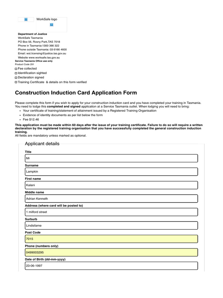 White Card (Construction Induction) Application Form | PDF | Identity ...